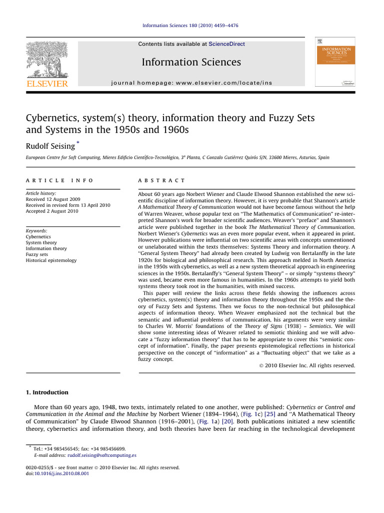 Cybernetics, System(s) Theory, Information Theory and Fuzzy Sets and Systems in The 1950s and ...