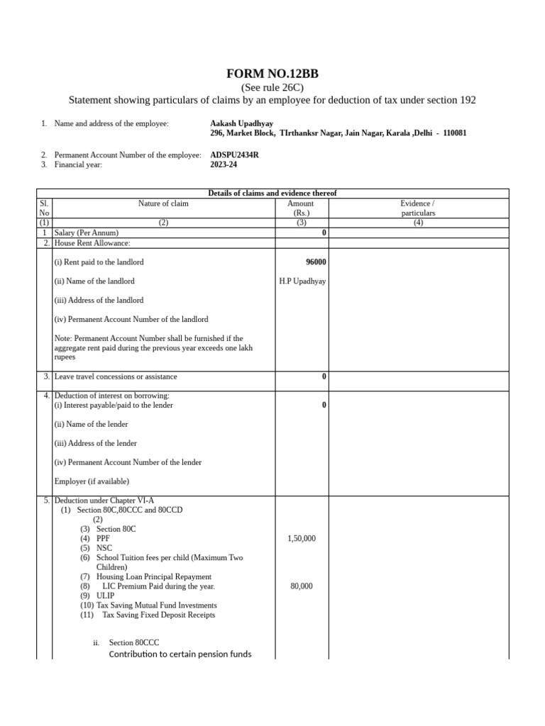 Employee Tax Deduction Claims Form 12BB | PDF | Financial Services ...