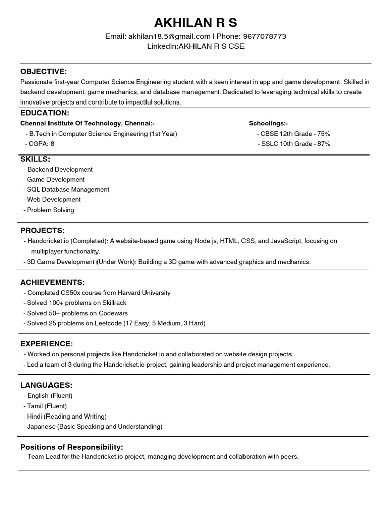 Akhilan R S Resume Updated Leetcode PDF | PDF