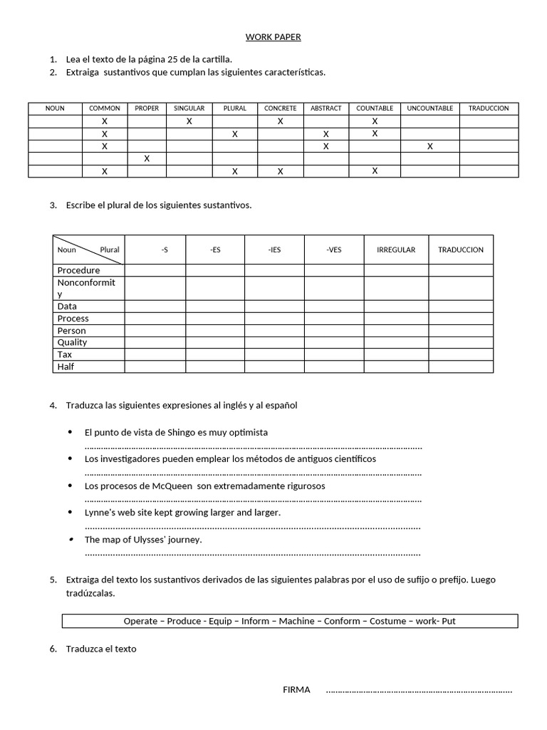 WORK PAPER Nouns | PDF