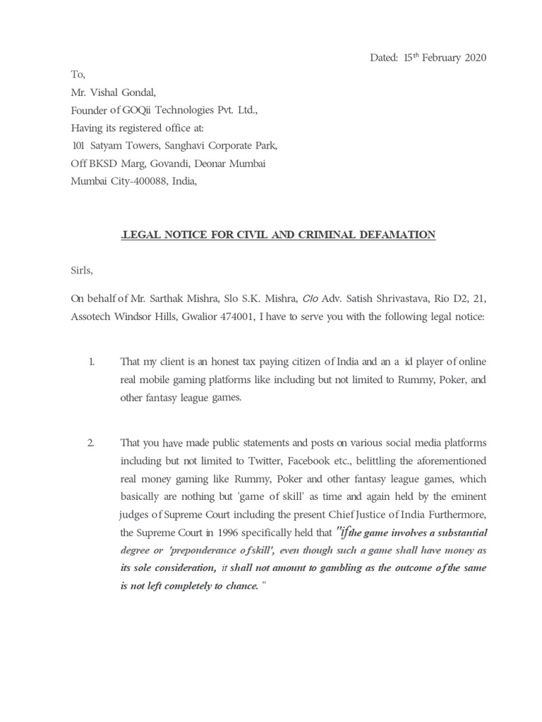 Legal Notice for Defamation Case | PDF | Defamation | Gambling