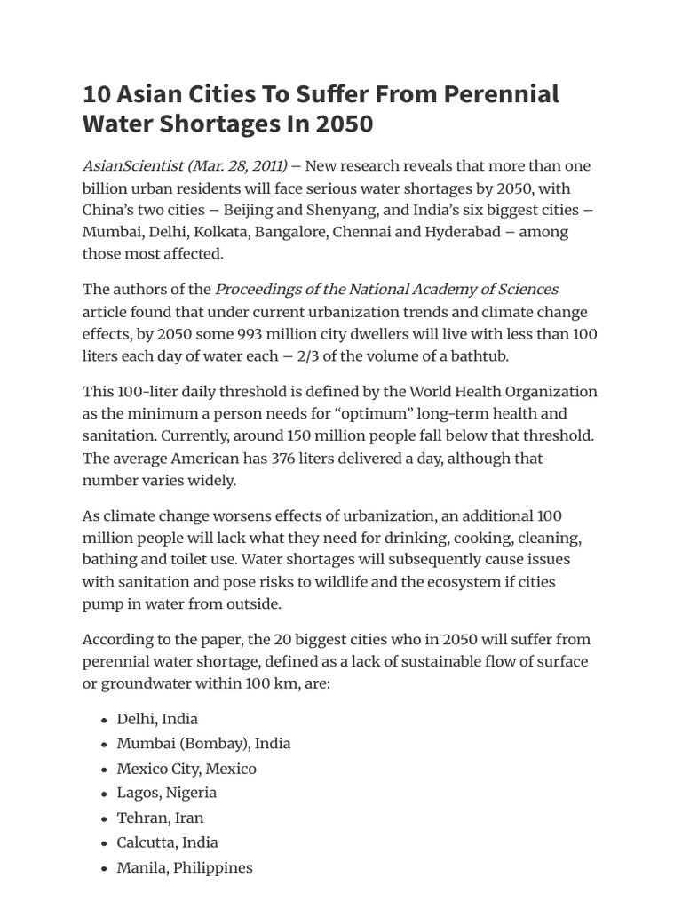 Urban Water Shortages by 2050: Key Cities | PDF | Water Scarcity | Water