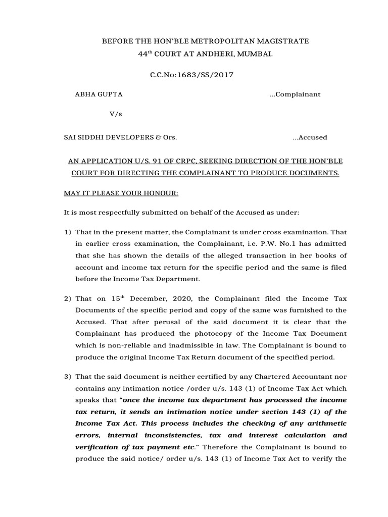 Application Under Section 91 CRPC | PDF | Criminal Procedure In South ...
