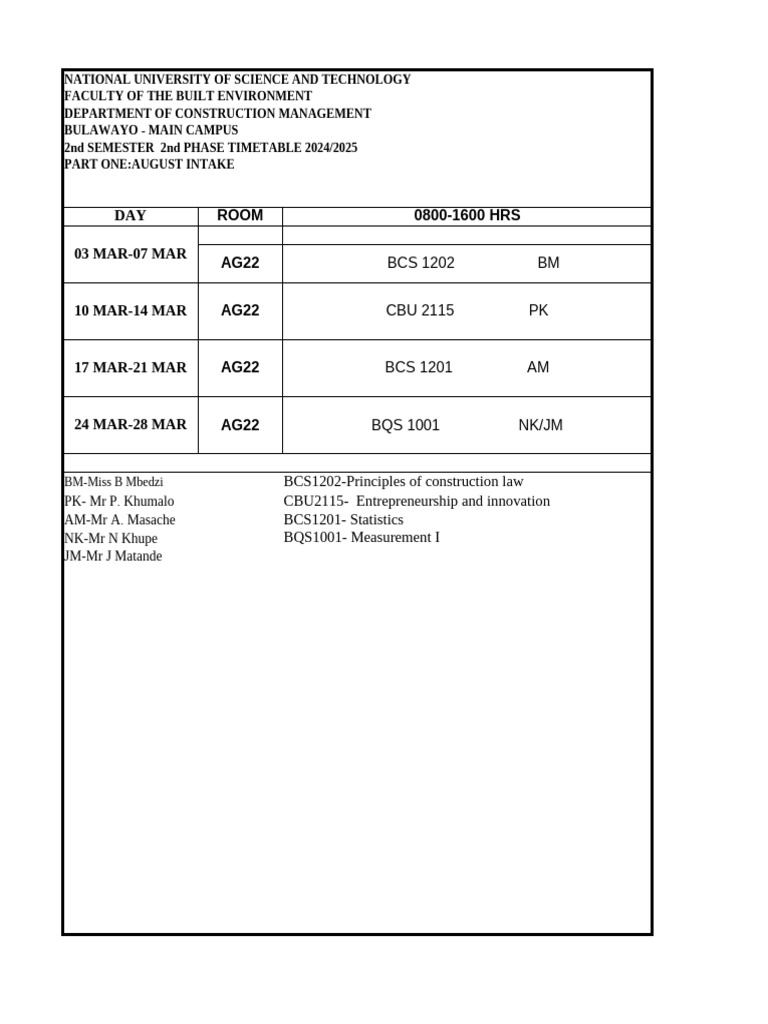 CM MARCH INTAKE TIMETABLE | PDF | Universities And Colleges | Zimbabwe