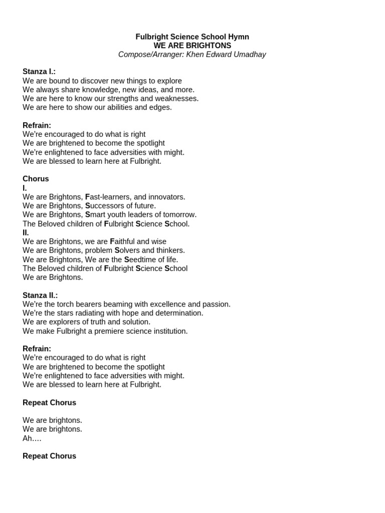 Fulbright Science School Anthem | PDF