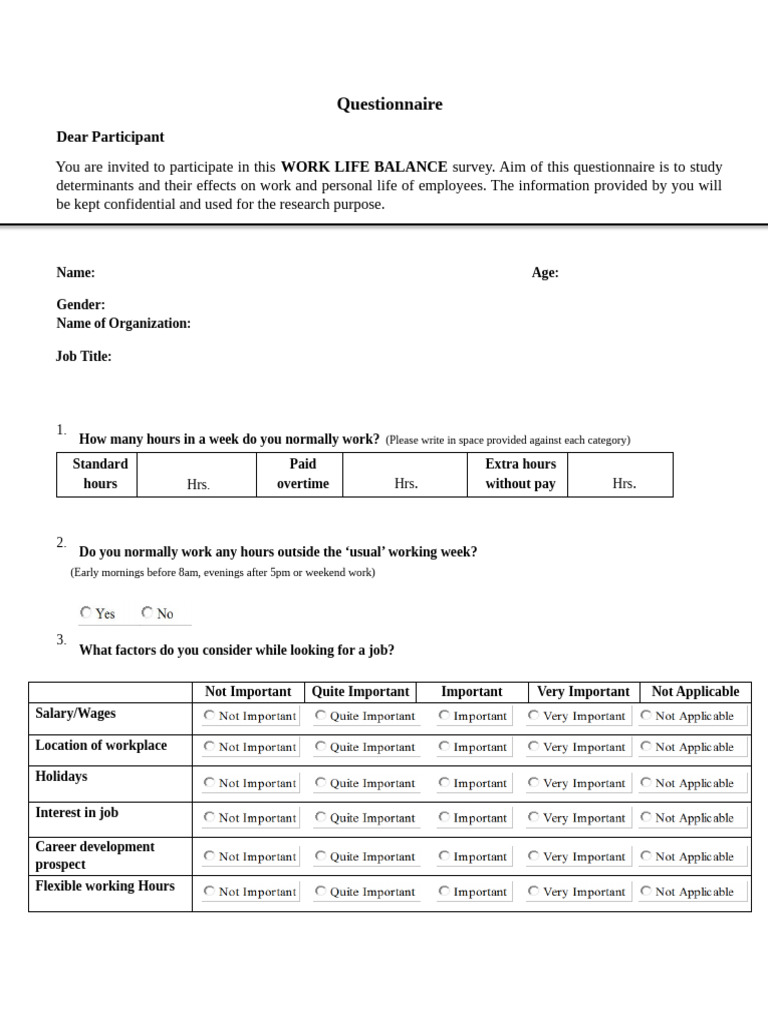 Work-Life Balance Survey Questionnaire | PDF | Salary | Working Time