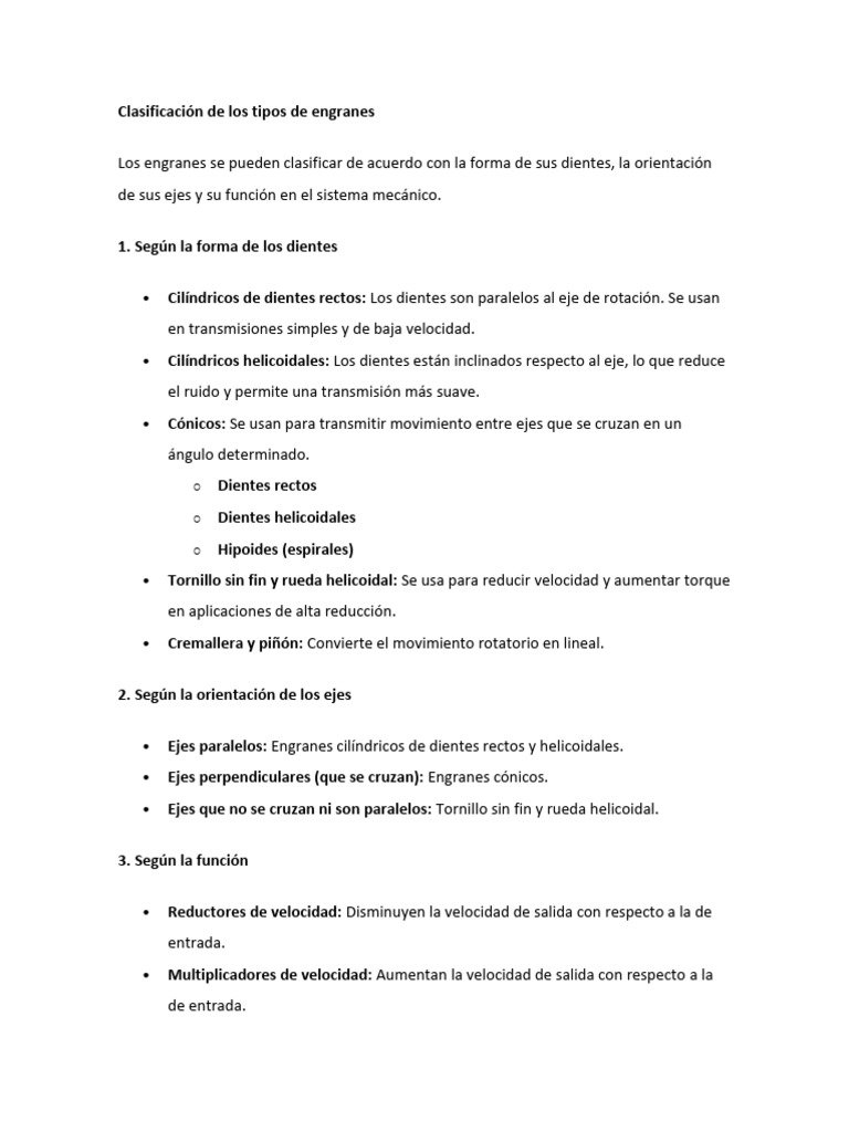 Clasificación de Los Tipos de Engranes | PDF | Engranaje | Ingeniería ...