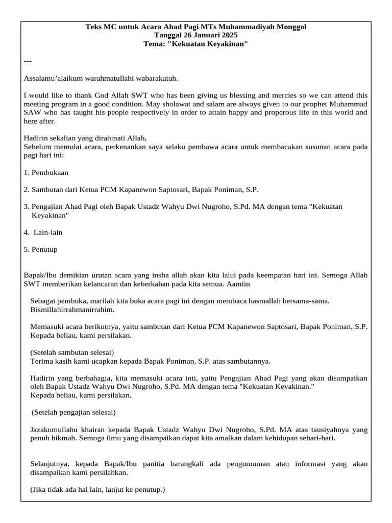 Teks MC untuk Acara Ahad Pagi MTs Muhammadiyah Mon | PDF