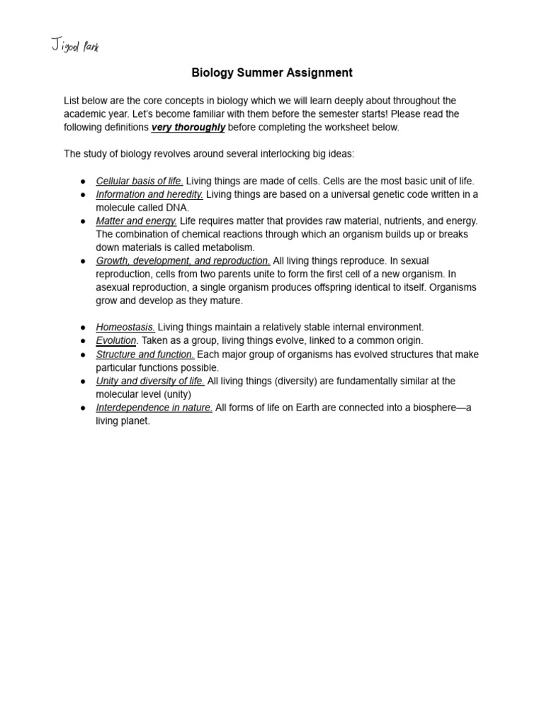 Biology Summer Assignment Overview | PDF | Organisms | Life