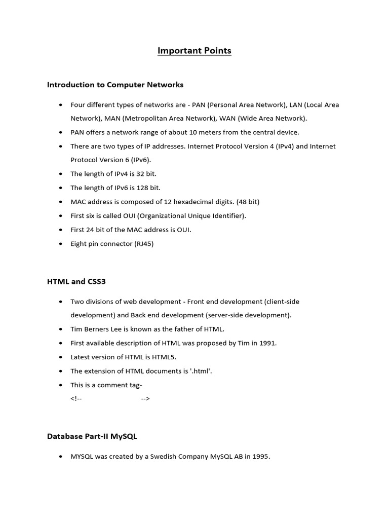 Important Points | PDF | Html | Markup Language