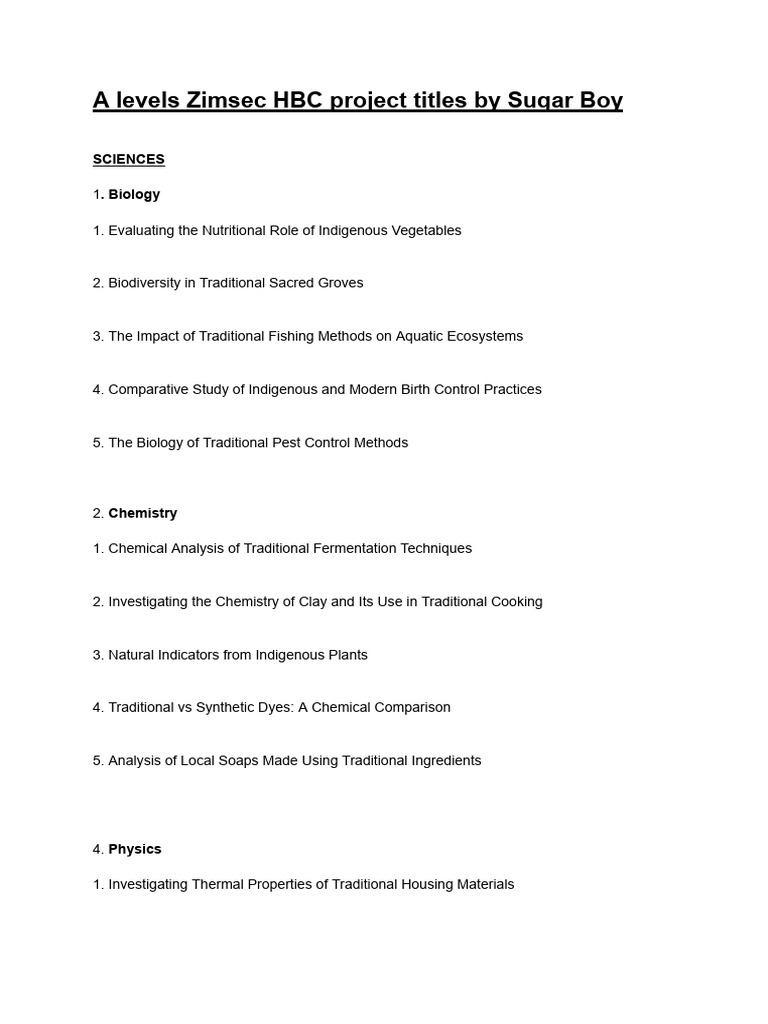 A Levels Zimsec HBC Project Titles by Sugar Boy | PDF | Mathematical ...