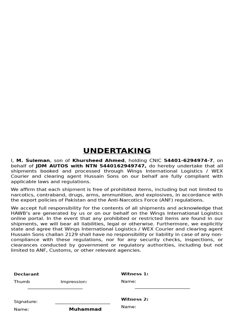 Undertaking: M. Suleman Khursheed Ahmed 54401-6294974-7 JDM AUTOS With NTN 5440162949747 | PDF