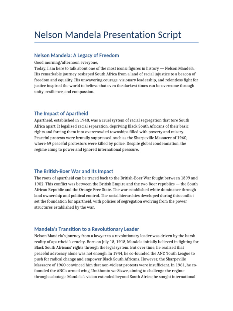 Nelson Mandela Presentation Script | PDF | Nelson Mandela | African ...