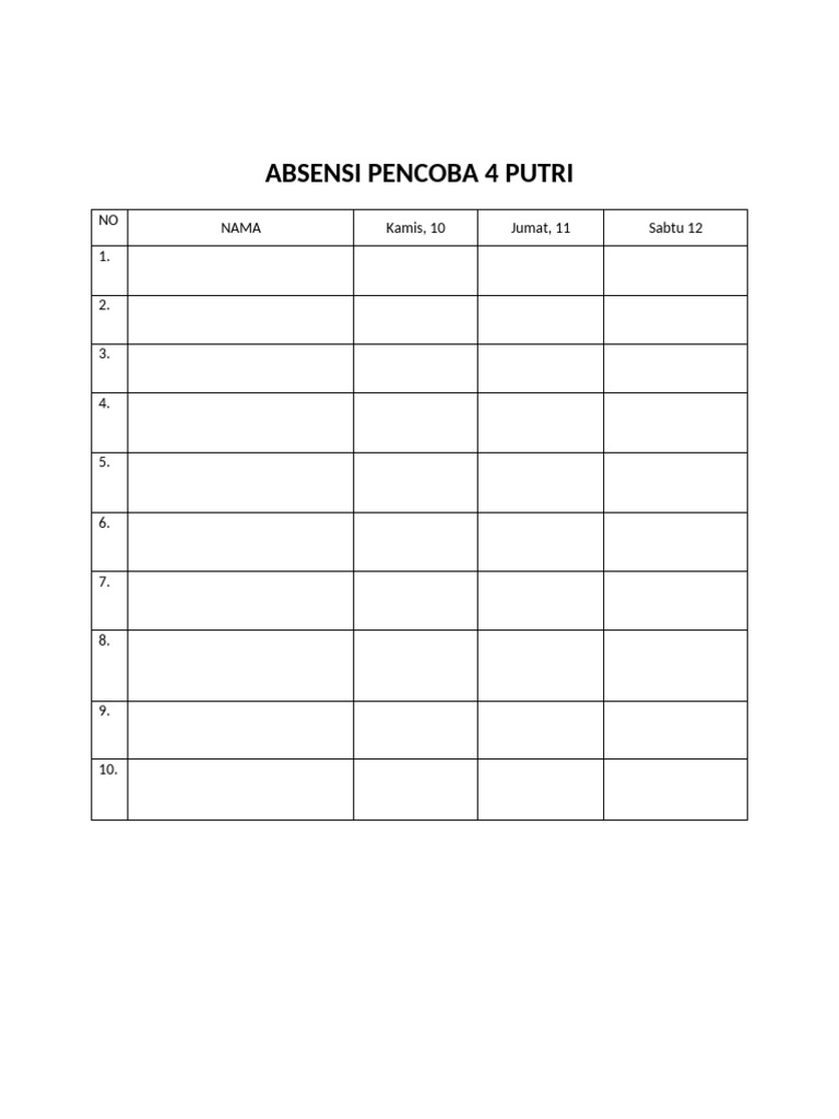Absensi Pencoba 4 Putri 10-12 Januari | PDF