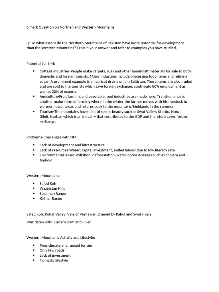 6 Mark Question On Northen and Western Mountains | PDF | Lake | Flood