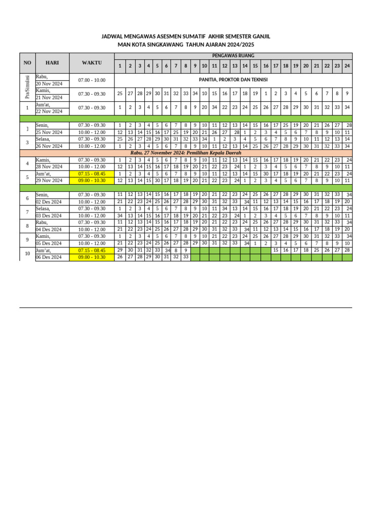 Jadwal Pengawas Asas Ganjil 2024-2025 | PDF