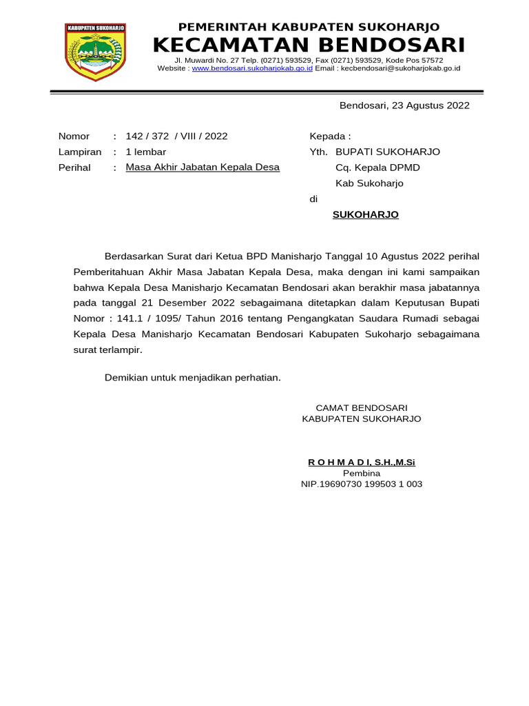 Surat Pemberitahuan Jabatan Kepala Desa | PDF