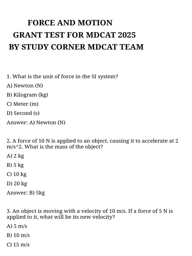 Force and Motion Test With Key by Study Corner Mdcat Team | PDF ...
