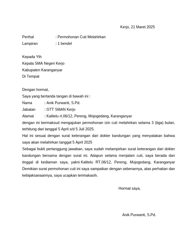 Surat Ijin Cuti Melahirkan GTT PTT | PDF