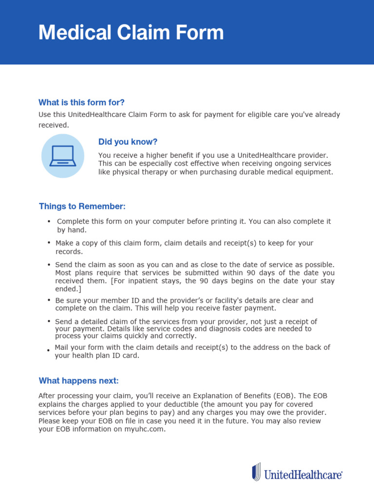 UHC Medical Claim Form | PDF | Insurance | Receipt