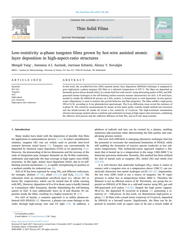 Low-Resistivity Alpha-Phase Tungsten Films Grown by Hot-Wire Assisted ...
