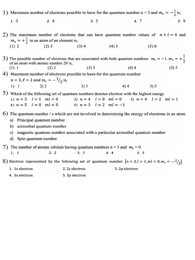 Quantum Numbers Model MCQs | PDF