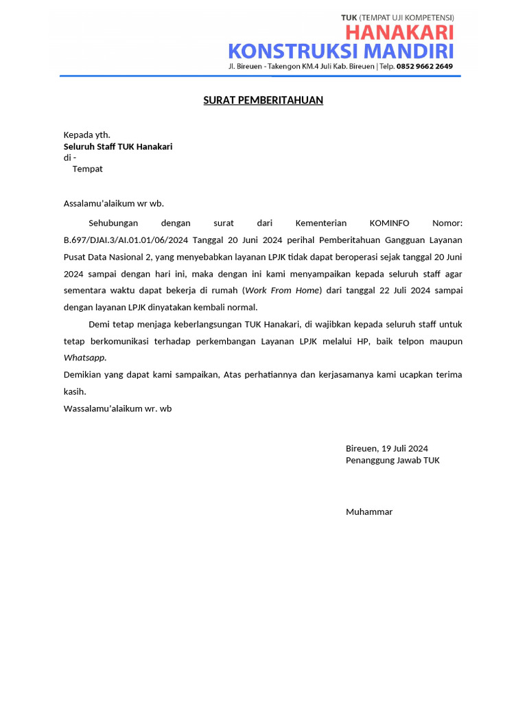 Surat Pemberitahuan WFH | PDF