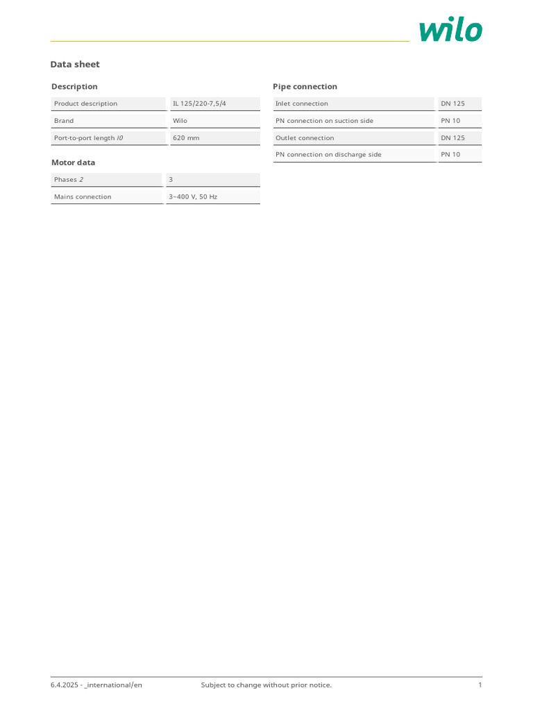 Wilo IL 125/220 Specifications Sheet | PDF