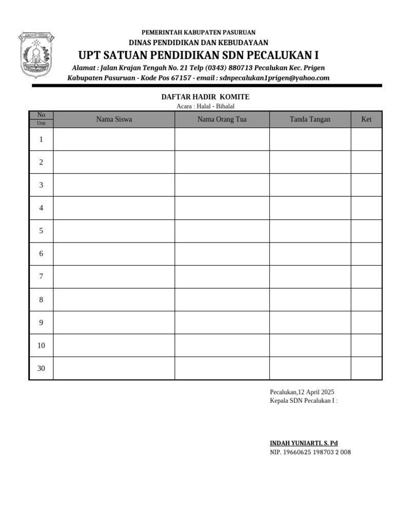 Daftar Hadir Madin Pengambilan Rapot | PDF