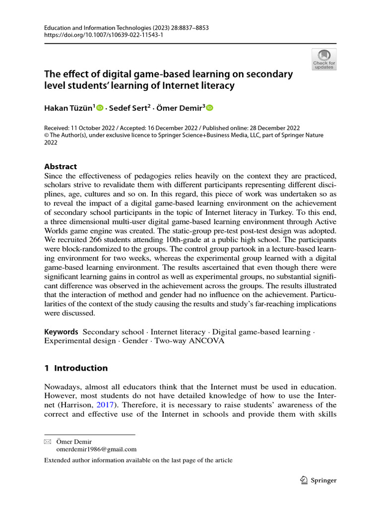 The effect of digital game‑based learning on secondarylevel students’ learning of Internet ...