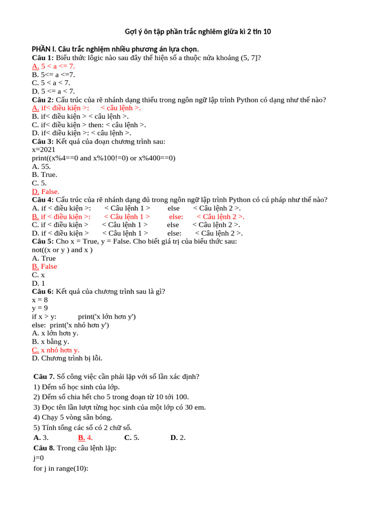 Gợi Ý Câu Hỏi Trắc Nghiệm Tin 10 gk2 | PDF