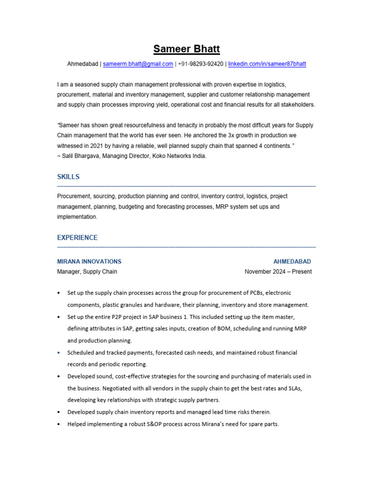 Resume - Sameer - Bhatt - Purchase | PDF | Supply Chain | Procurement