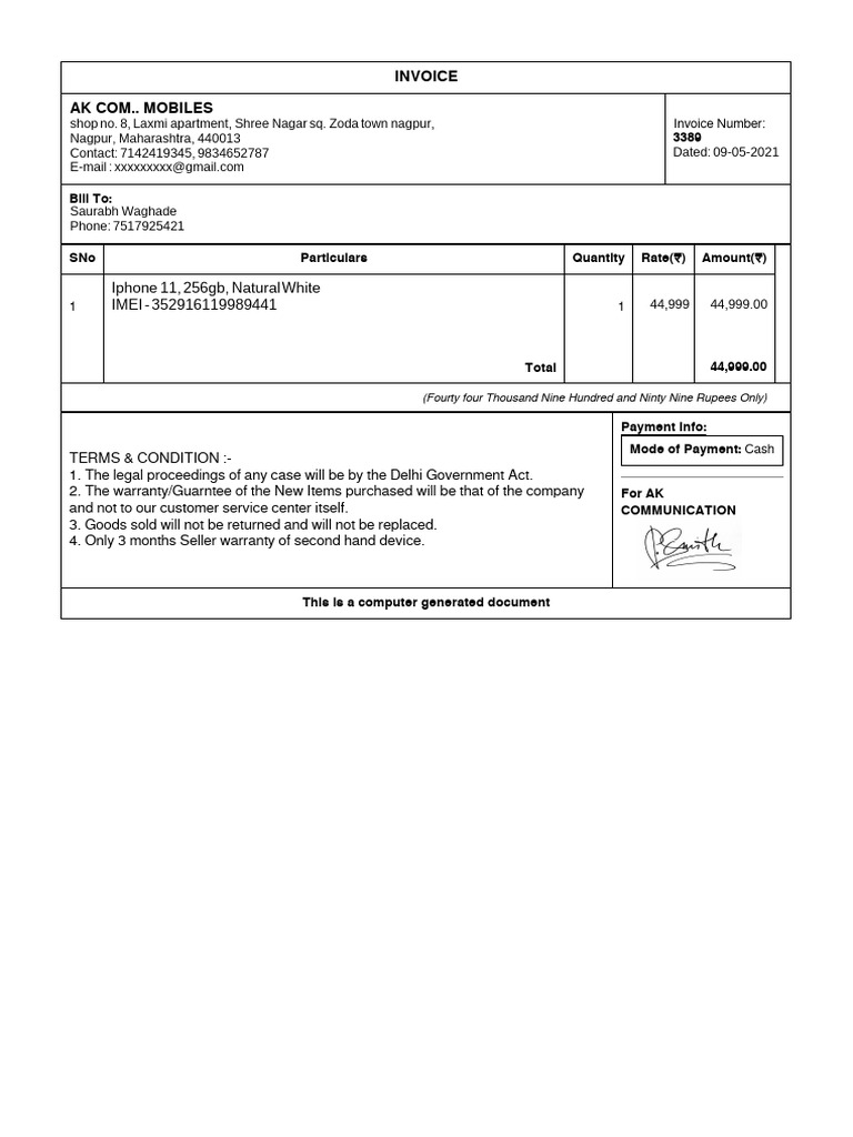 Invoice for iPhone 11 Purchase | PDF