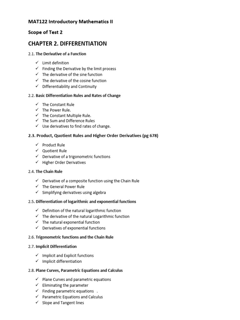 MAT122 Scope of Test 2 | PDF