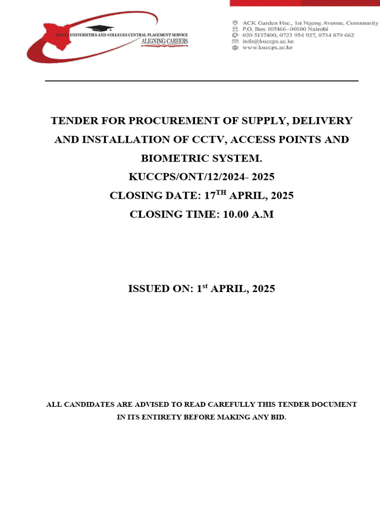 KUCCPS Tender For Biometric CCTV and Access Points Due 17.04.25 | PDF ...