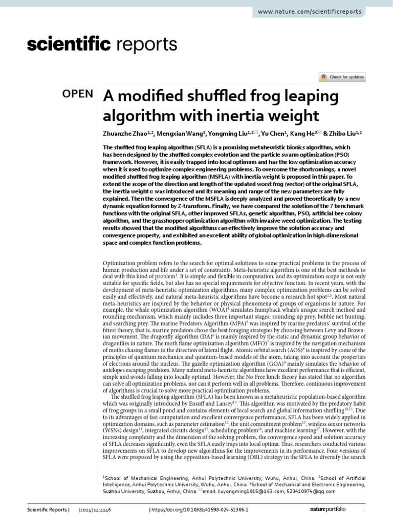 A Modified Shuffled Frog Leaping Algorithm With Inertia Weight | PDF | Mathematical Optimization ...