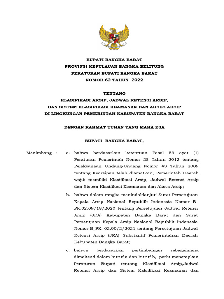 PERBUP Nomor 62 Tahun 2022 Tentang Klasifikasi arsip JRA 2022 ( Srikandi ) (1) | PDF