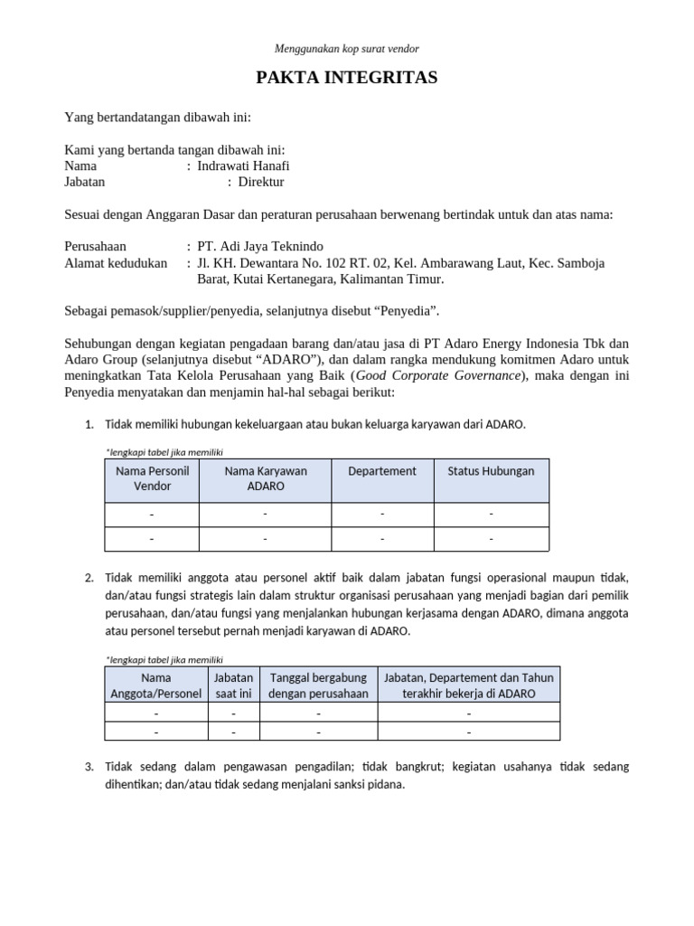 Surat Pernyataan Pakta Integritas 2 | PDF