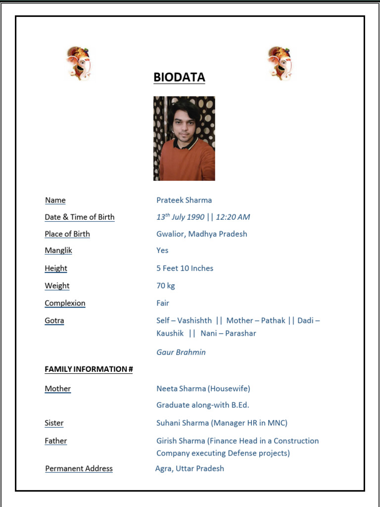 Biodata - Prateek (1) - 250113 - 020038 | PDF