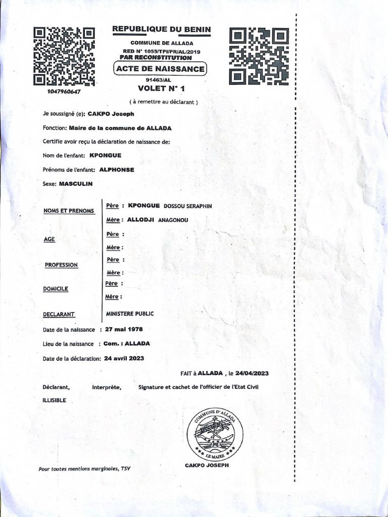 Acte de Naissance PDF | PDF