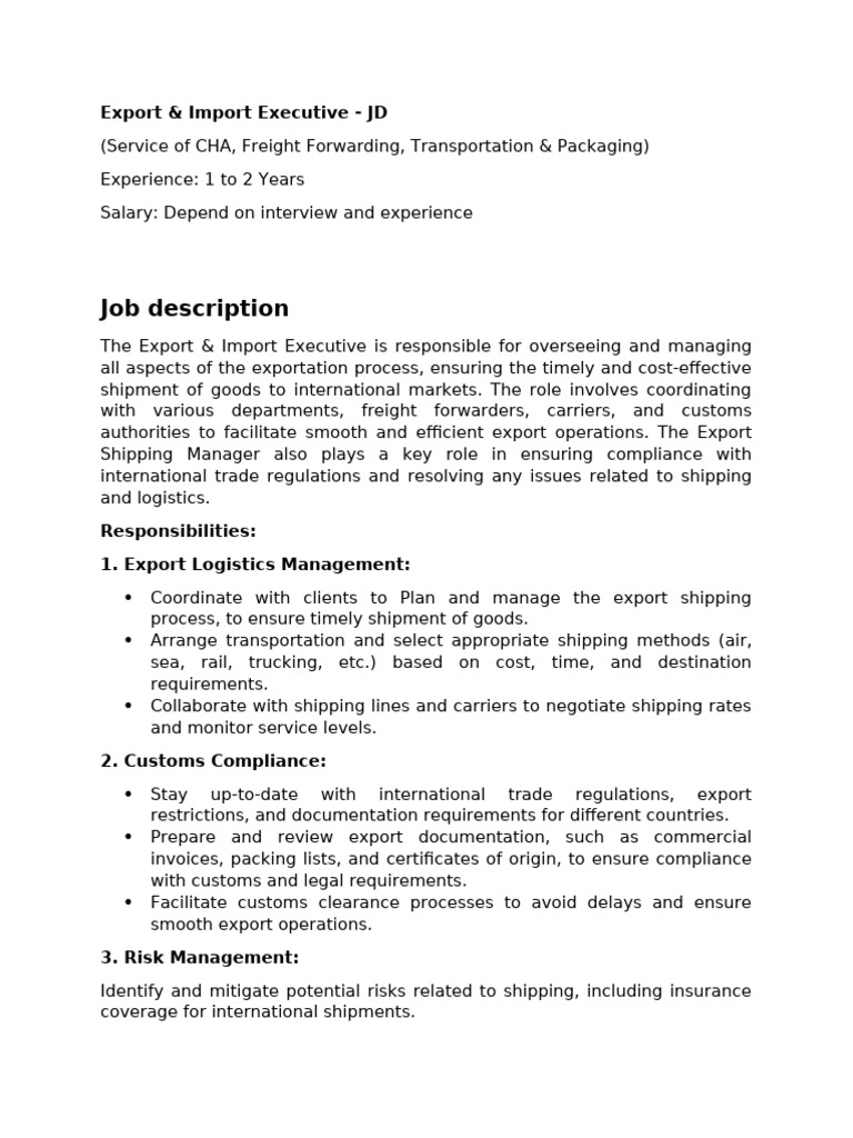 Export & Import Executive Job Discription | PDF | Logistics | Customs