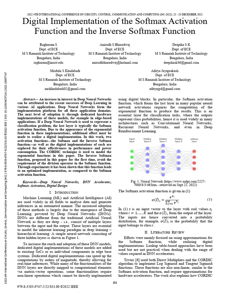 Digital Implementation of The Softmax Activation Function and The Inverse Softmax Function | PDF ...