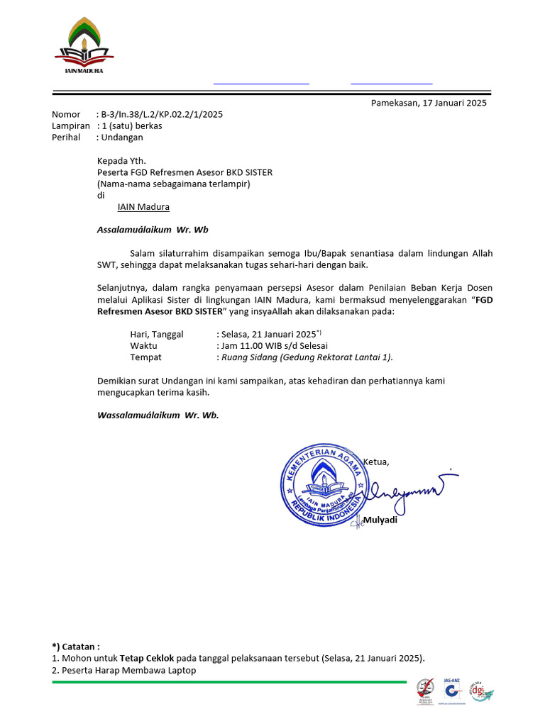 Undangan FGD Refresmen Asesor BKD Sister | PDF