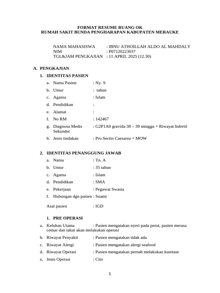Resume Tindakan Operasi Pro Sectio Caesarea | PDF