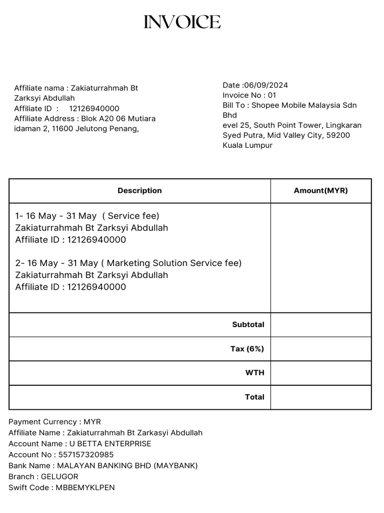 Shopee Affiliate Template Invoice | PDF