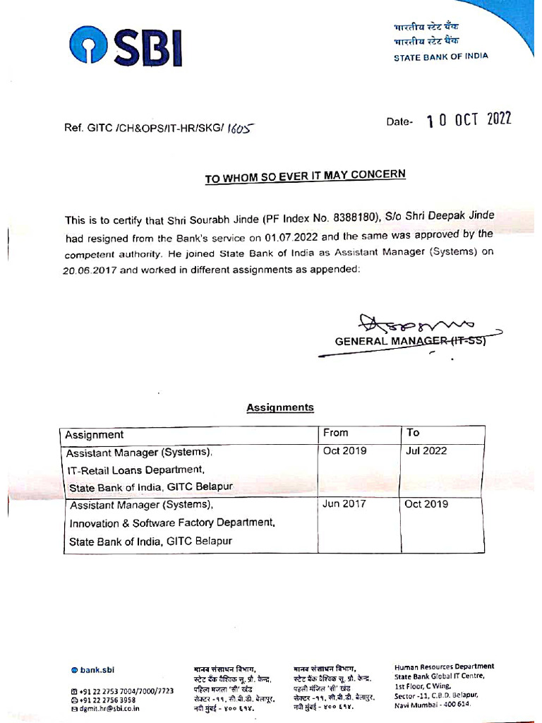 SBI Experience Letter | PDF