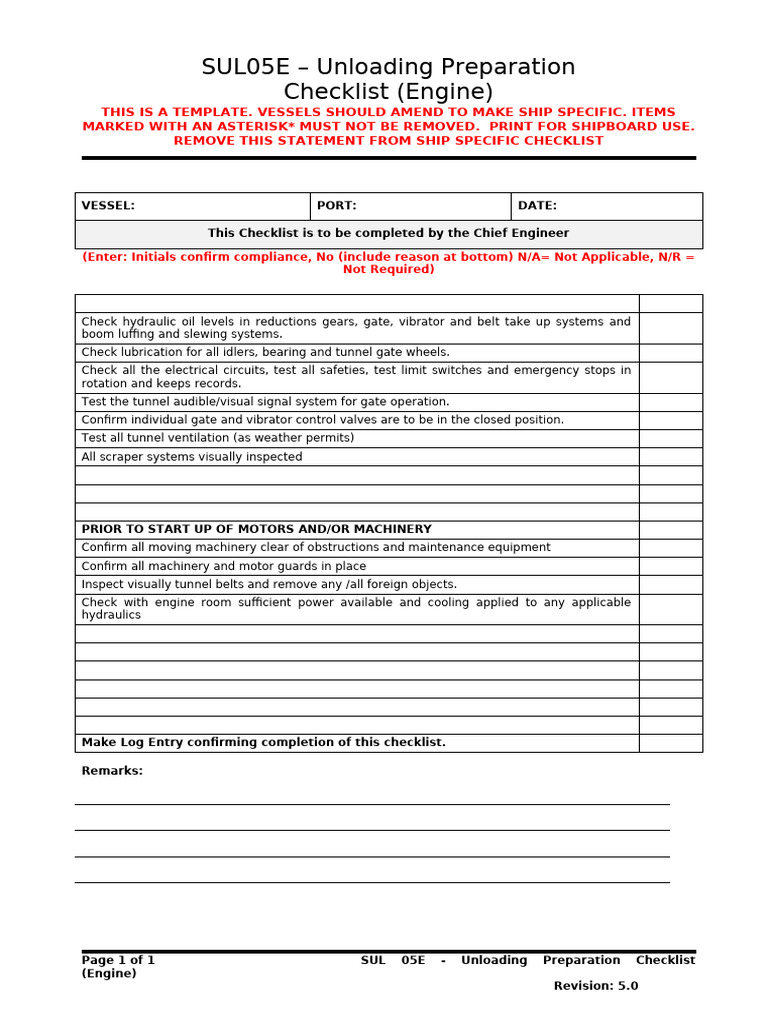 Engine Unloading Prep Checklist | PDF