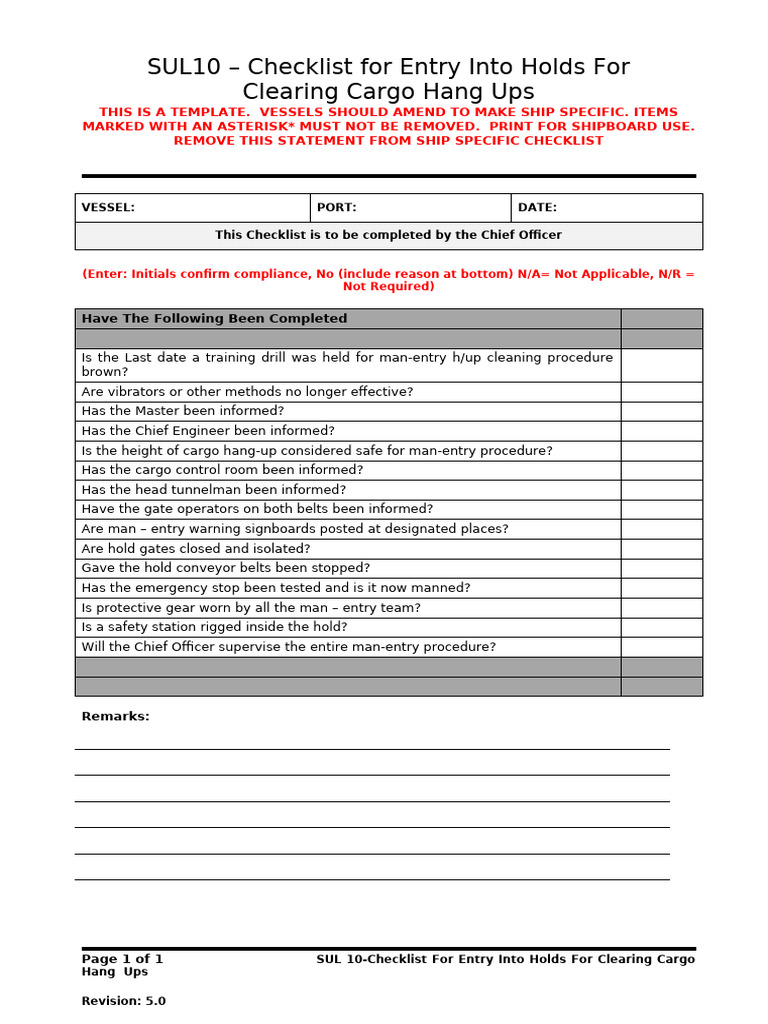 sul 10 - entry into holds for cleanup checklist | PDF
