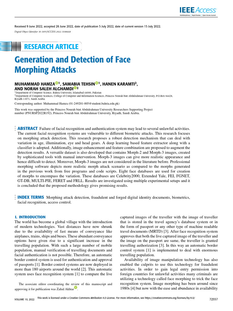 Generation And Detection Of Face Morphing Attacks Pdf Databases Deep Learning