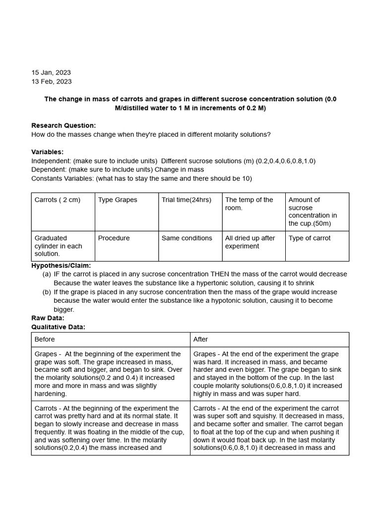 Carrot and Grape Osmosis Experiment | PDF | Experiment | Concentration